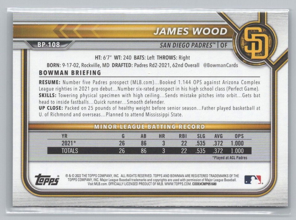 2022 Bowman James Wood Prospects #BP-108 H | eBay