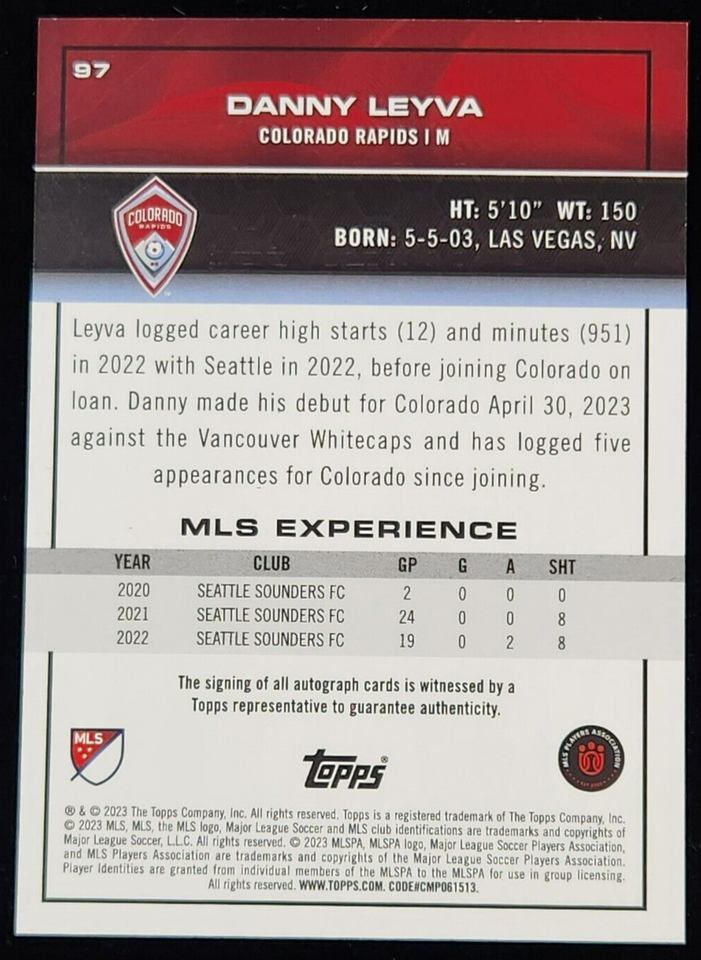 DANNY LEYVA #97 2023 Topps MLS Soccer ORANGE FOIL AUTO 22/25 COLORADO ...