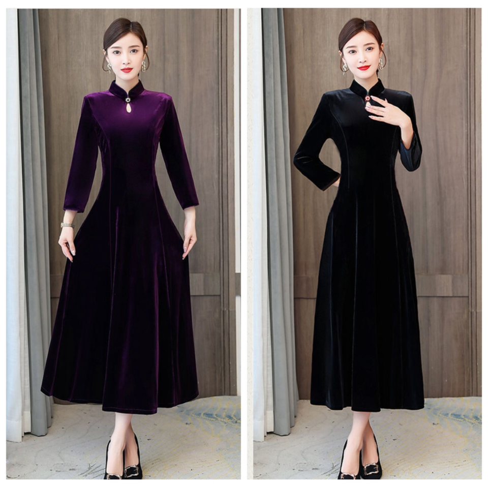 Retro Lady Chinese Velvet Cheongsam Dress Soft Loose Pleuche Elegant ...