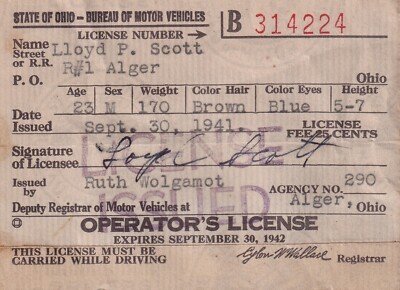 Vintage 1941 Driver's Operator's License For the State of Ohio | eBay