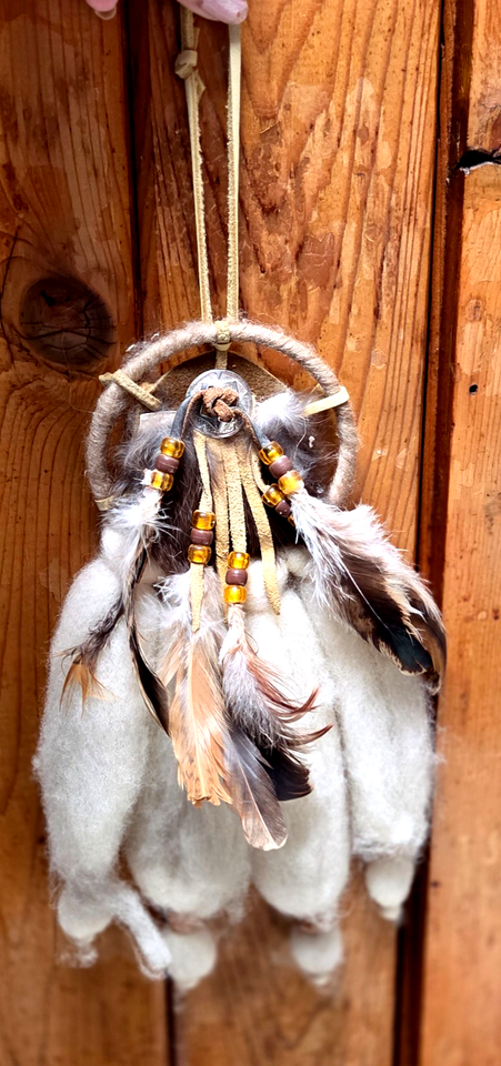 Vintage Native American Mandala Dream Catcher Fur Wool Feathers Beaded ...
