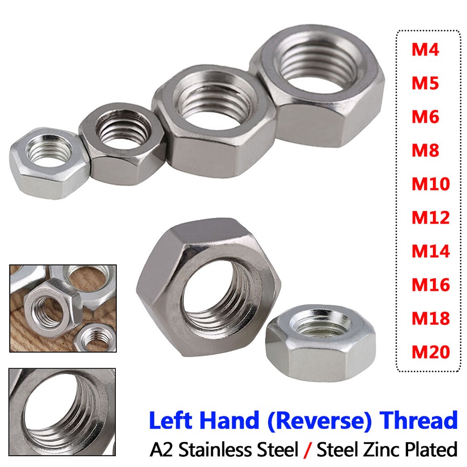 Left Hand Stainless Steel / Zinc Plated Hex Full Nuts Reverse Thread M4 ...