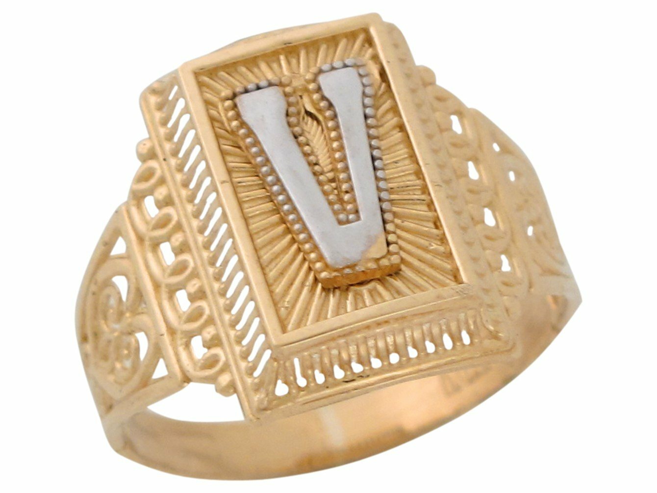 10k or 14k Two Tone Gold Letter V Filigree Band Ladies Rectangular ...