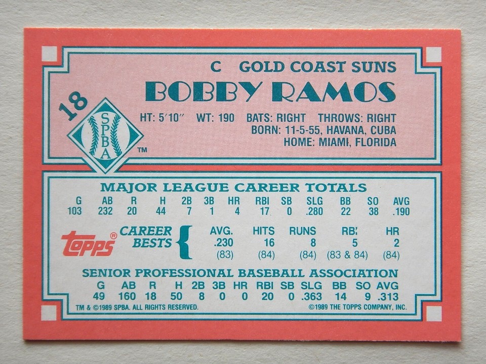 Bobby Ramos #18 Topps Senior League 1989 Baseball Card (Gold Coast Suns ...