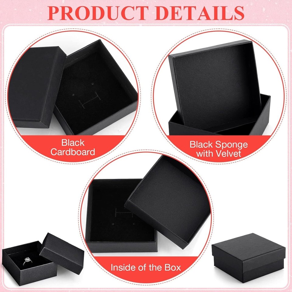 24Pk 3.1x3.1x1.4" Black Jewelry Gift Boxes Velvet Sponge Cardboard ...