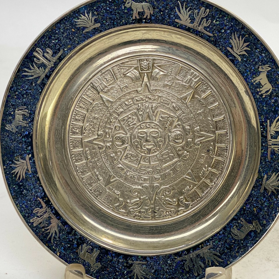 Pair Mexico Alpaca Metal and Lapis Stone Aztec Calendar Round Plates | eBay