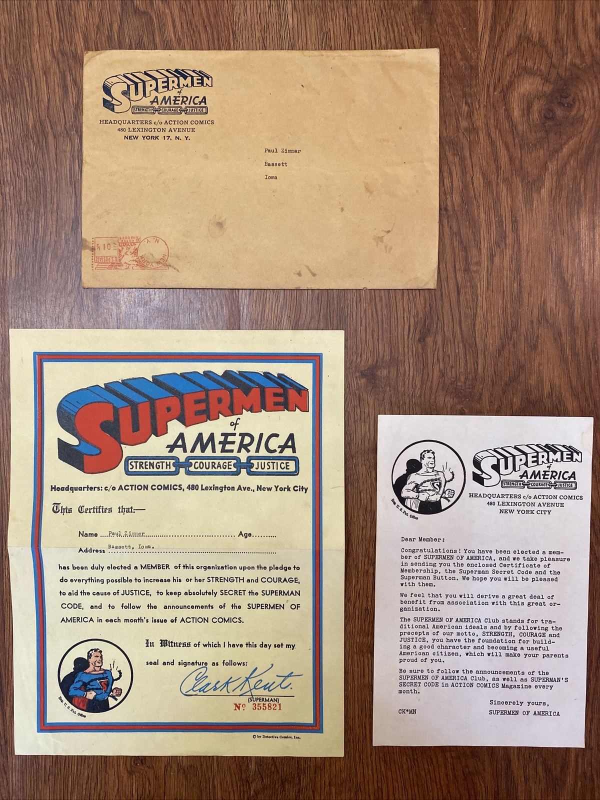 Supermen Of America Club Member Certificate Letter & Envelope #355821 ...