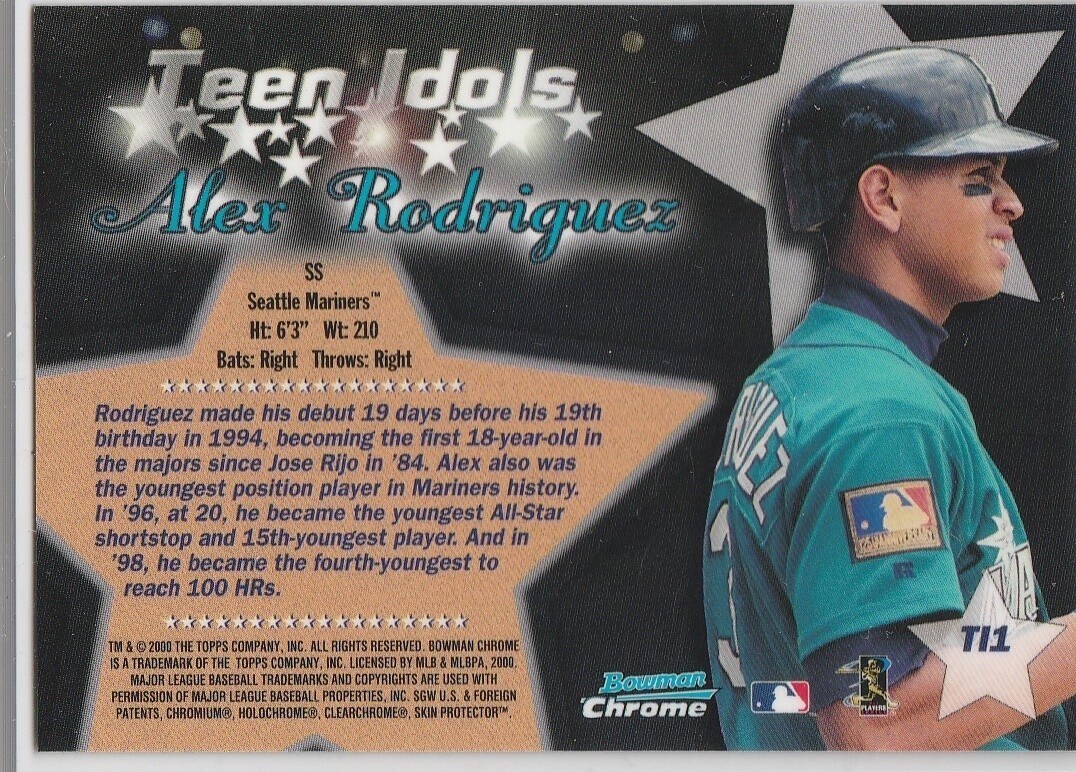 ALEX RODRIGUEZ 2000 Chrome TEEN IDOLS INSERT BASEBALL CARD Seattle ...