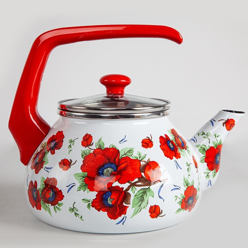 POPPY FLOWERS ENAMELED KETTLE - Red Enamel Tea Pot All Stove Enamelware ...
