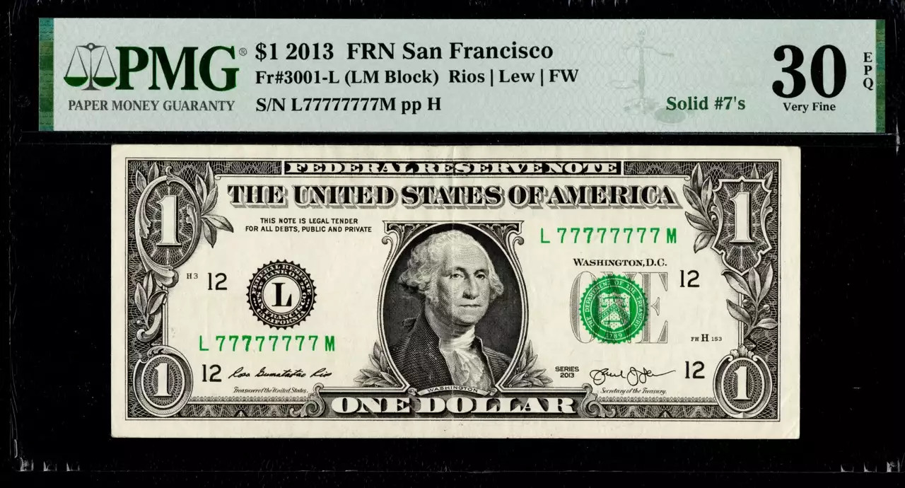 $1 2013 FRN SOLID 7 SERIAL 77777777 Solid Seven Lucky Fancy Number PMG ...