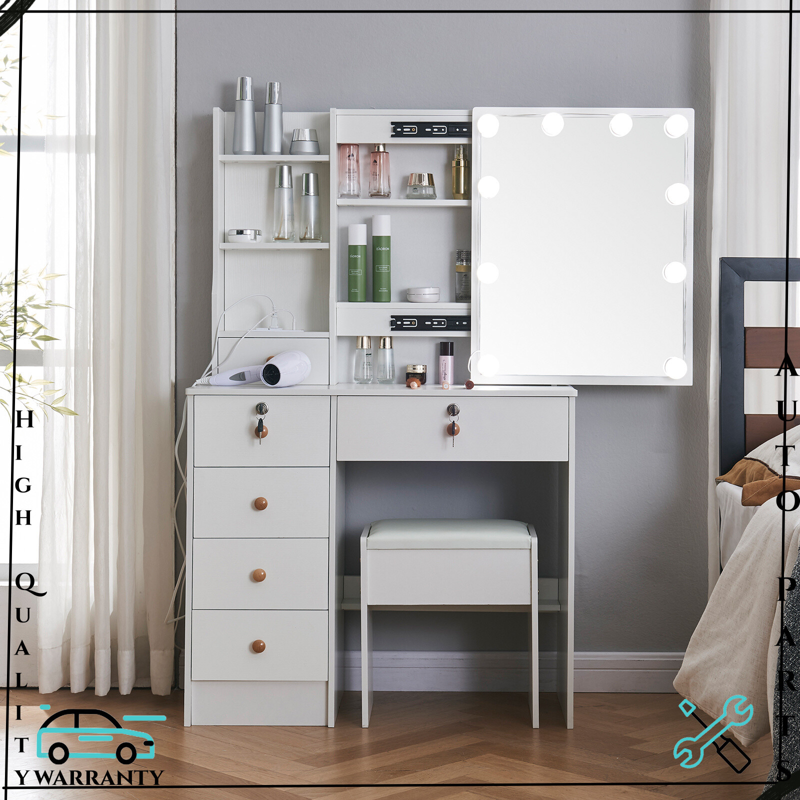 Vanity Dressing Desk Makeup Dresser Table W/ Stool Set & LED Lighted ...