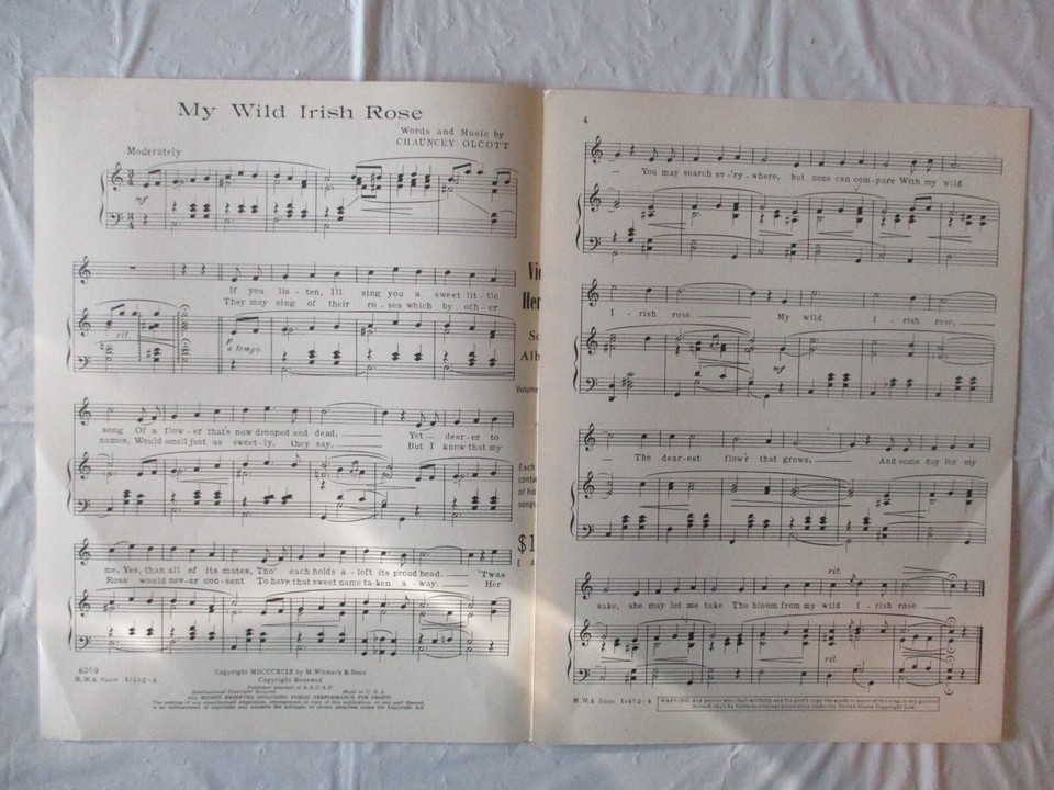 My Wild Irish Rose Sheet Music Sung Lyric Music by Chauncey Olcott 1899 ...