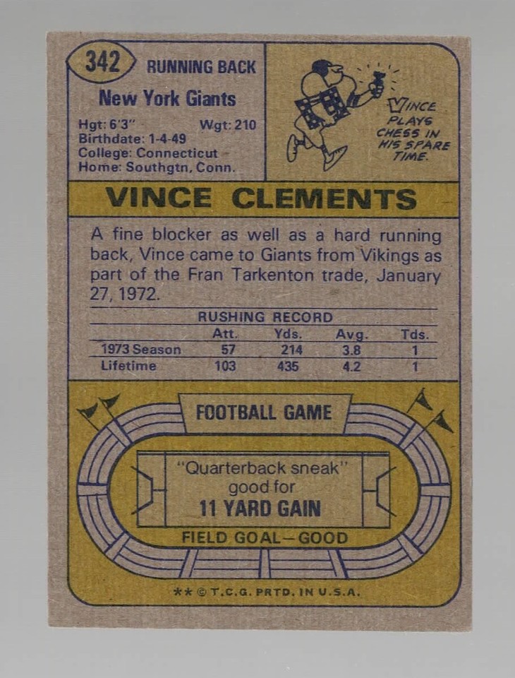 1974 Topps #342 Vince Clements Good (mc) | eBay