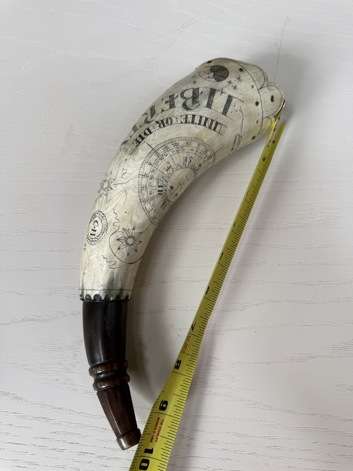 Vtg or antique white Scrimshaw Powder Horn 10" Engraved faced compass ...