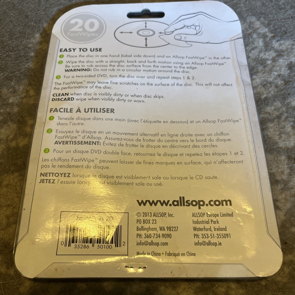 Allsop CD+R/RW DVD+R/RW Fast Wipes Cleaners Removes Dust Fingerprints ...