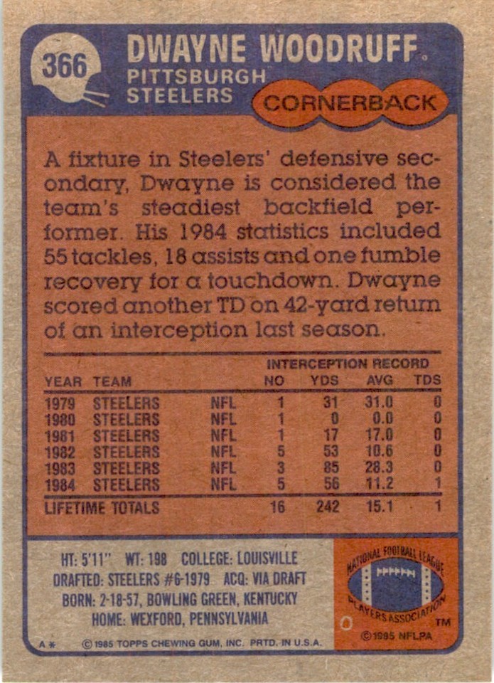 1985 TOPPS DWAYNE WOODRUFF PITTSBURGH STEELERS. #366 | eBay