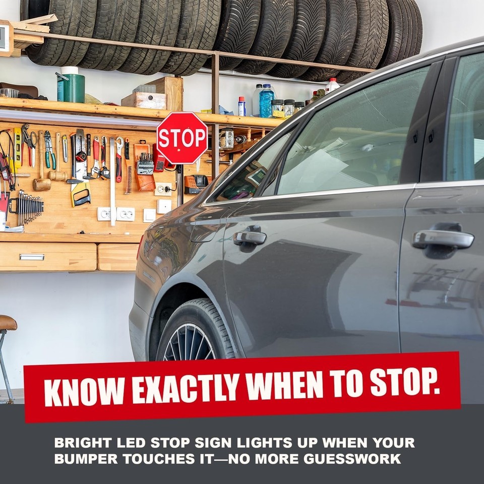 Garage Stop Sign Parking Aid 2 Pack - Bright LED, Spring Pole, Metal ...