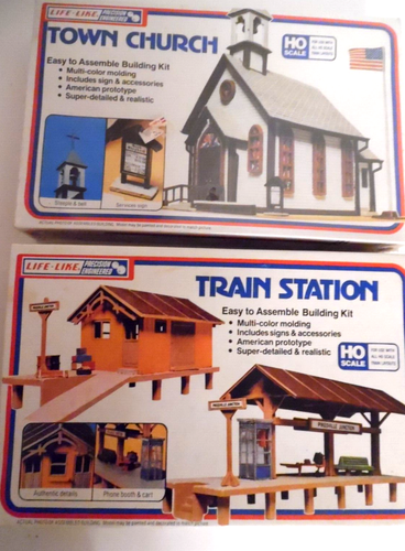 2 HO scale building kits, LIFE LIKE, Train Station #1347 & Town Church ...