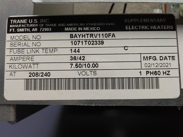 TRANE BAYHTRV110F Heat Kit or Heater 7.50/10.0 kW (208/240V 1 Phase ...