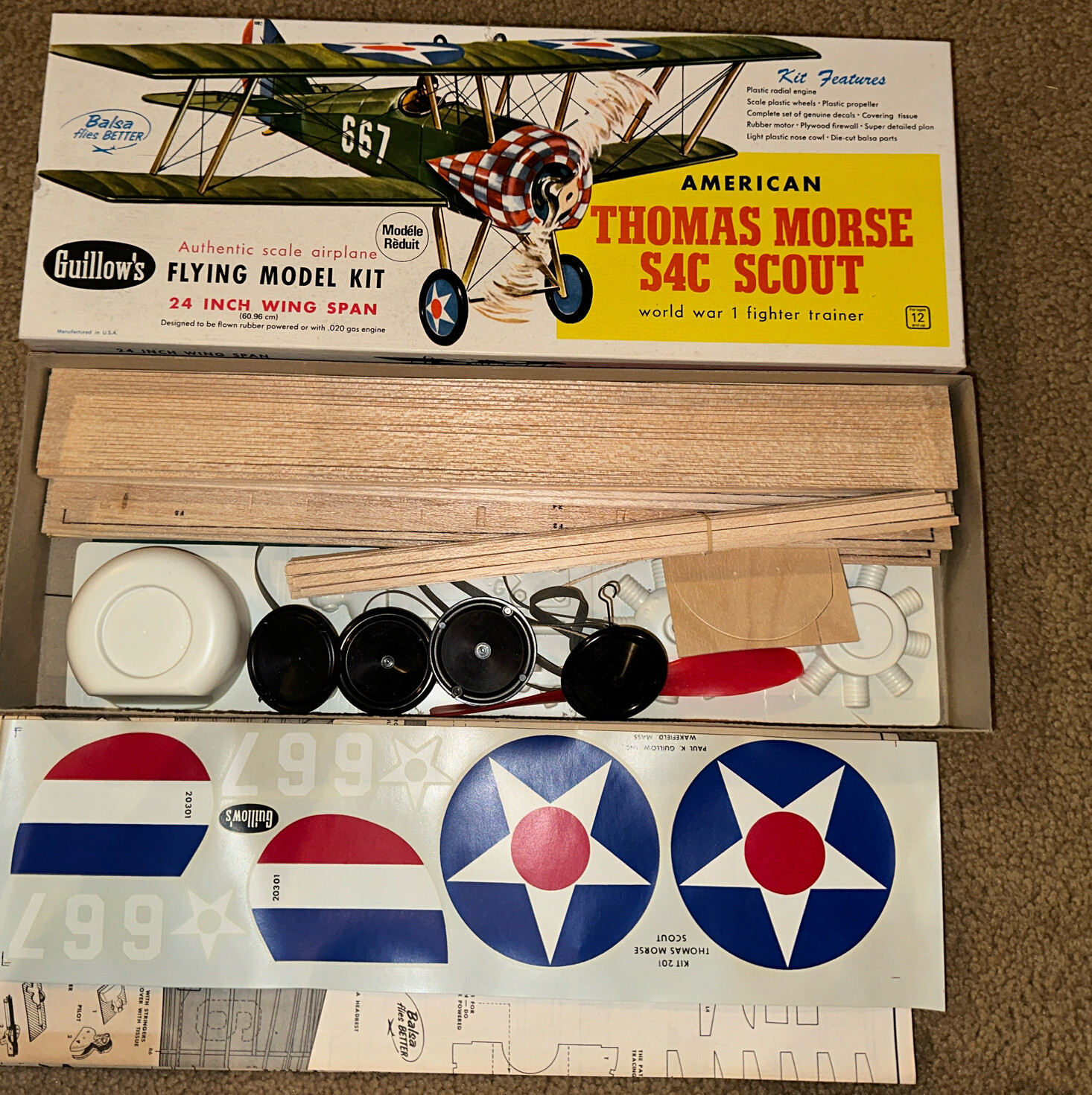 Vintage Guillow's Flying Model Kit Thomas Morse S4C Scout Airplane 24 ...
