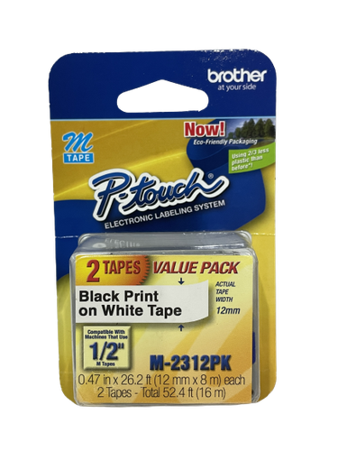 Brother P-Touch DOUBLE PACK M-Tape 1/2 inch BLACK on WHITE M-2312PK ...