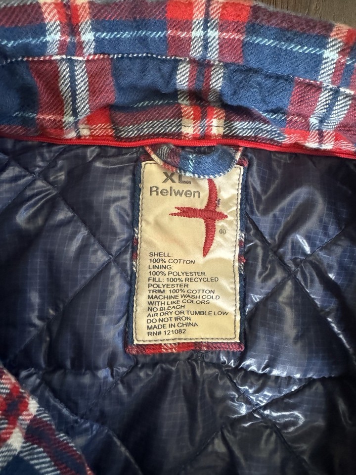 Relwen Men’s Quilted Plaid Flannel Shirt Jacket Dk Blue-Red-White Multi ...