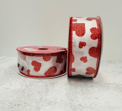 2x Valentine's Day wired ribbon white w/ red hearts 1.5in x 10yds ...