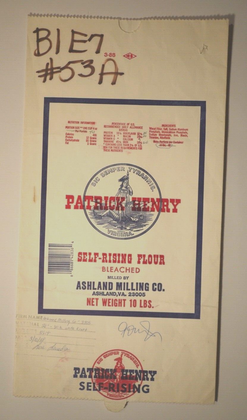 LARGE Vintage Paper Sack Bag - PATRICK HENRY FLOUR, ASHLAND MILLING, VA ...