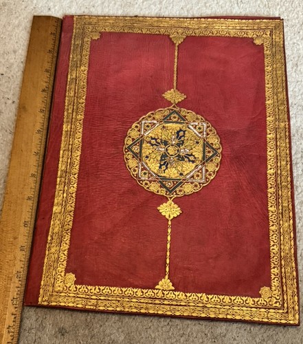 Beautiful Antique RED LEATHER DOCUMENT FOLDER Great Geometric GOLD ...