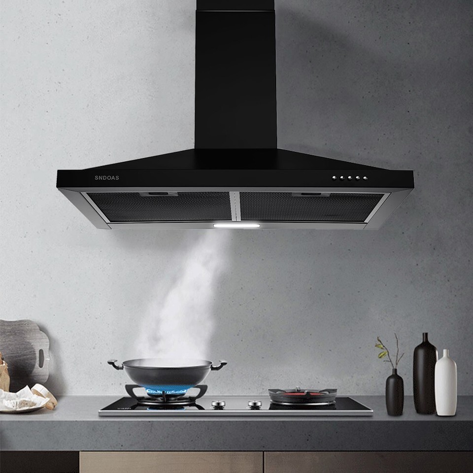 30 INCH Wall Mount Range Hood Vents Kitchen Stove Fan w/LED Black ...