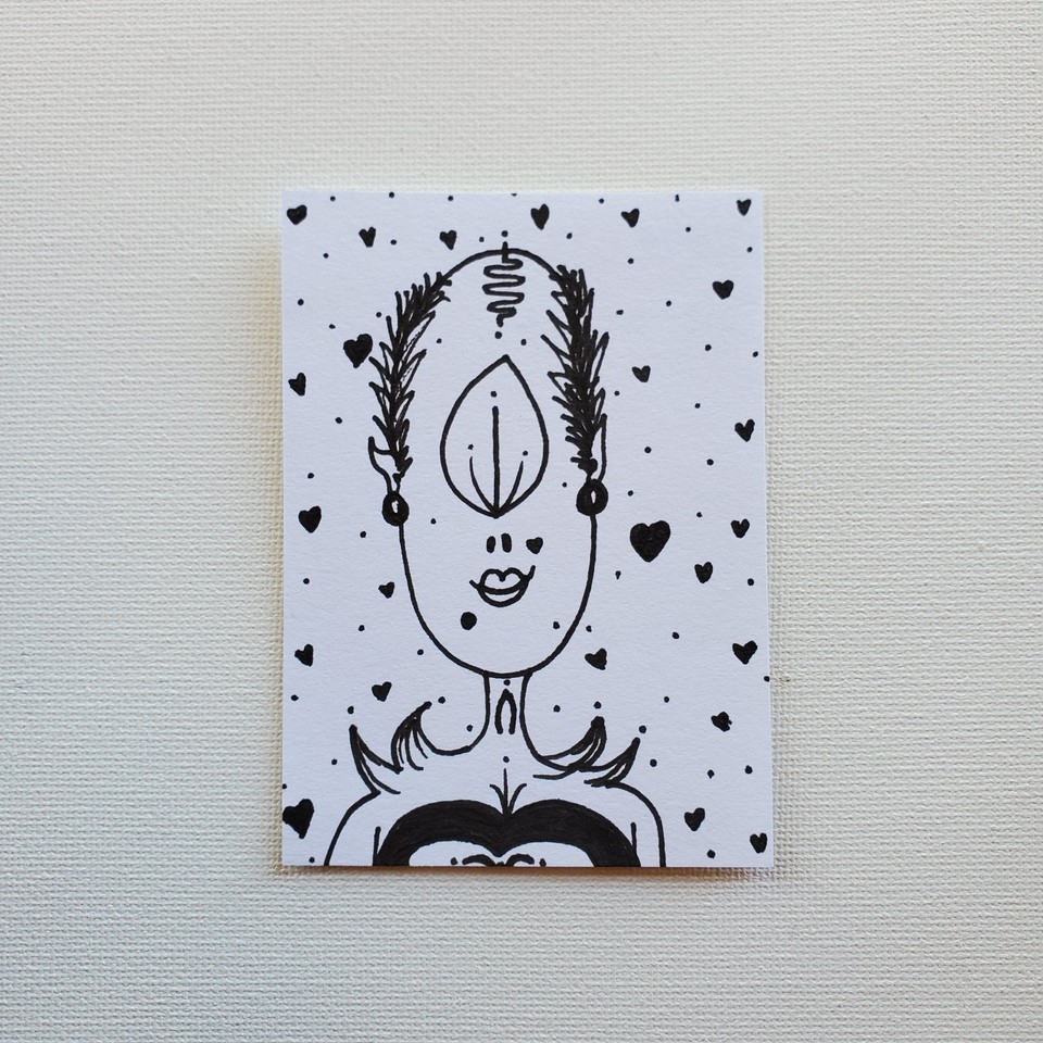 ACEO Original Ink Drawing Abstract Alien Portrait Heart Miniature Art ...