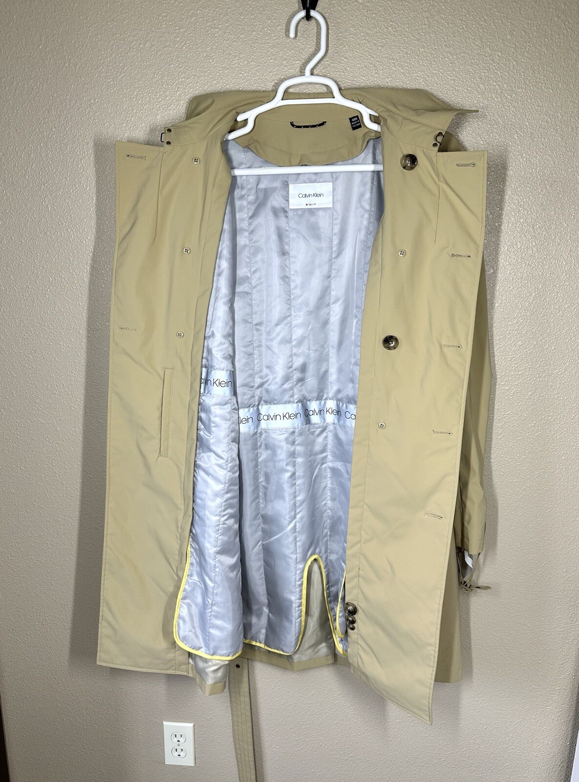 Calvin Klein CK Men’s Slim Fit Beige Double Breasted Raincoat Coat ...