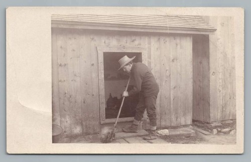 Man Sweeping Barn Storage Shed RPPC Eastern Townships Quebec? Antique ...
