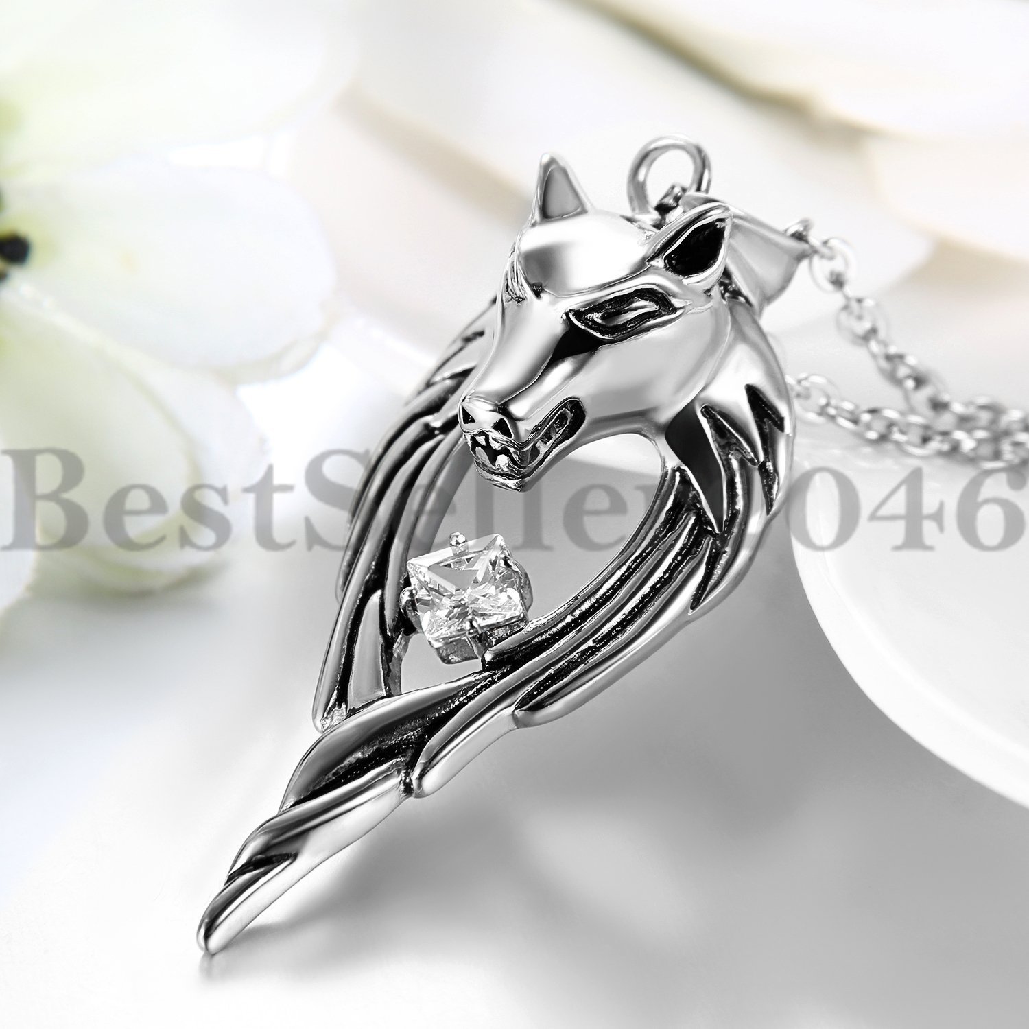 Mens Wolf Head Angel Wing Hug CZ Pendant Stainless Steel Chain Necklace ...