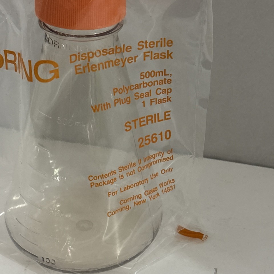 CORNING DISPOSABLE STERILE ERLENMEYER FLASK PLUG SEAL CAP 500 ML BEAKER ...