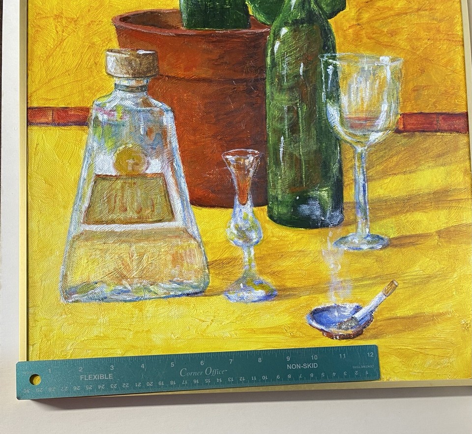Vintage Contemporary Oil Still Life Wine Glass Bottle Cigarette Pepper ...
