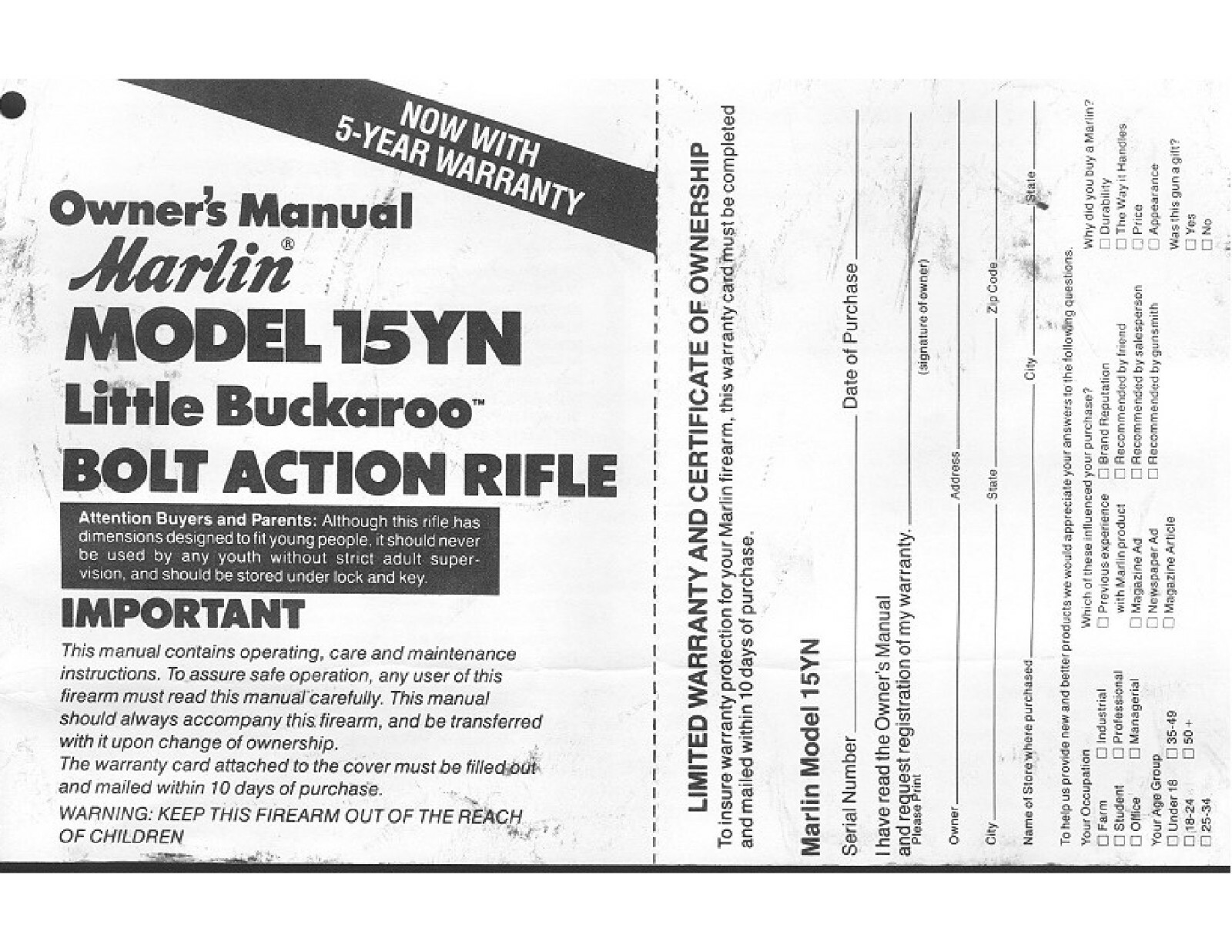Marlin Model 15YN Owners Manual - NEW Comb Bound | eBay