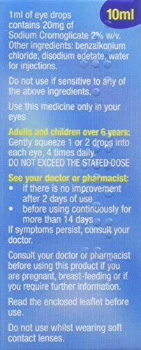 Opticrom Hayfever Eye Drops 10ml Sodium Cromoglicate 2% w/v Itchy ...