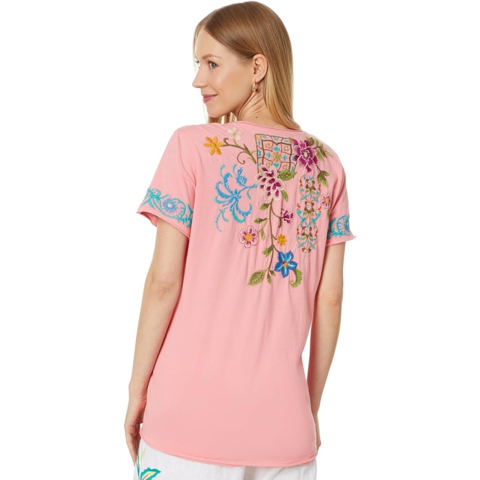 Johnny Was Sheri Everyday Tee Short Sunset Pink Embroidery Floral Shirt ...