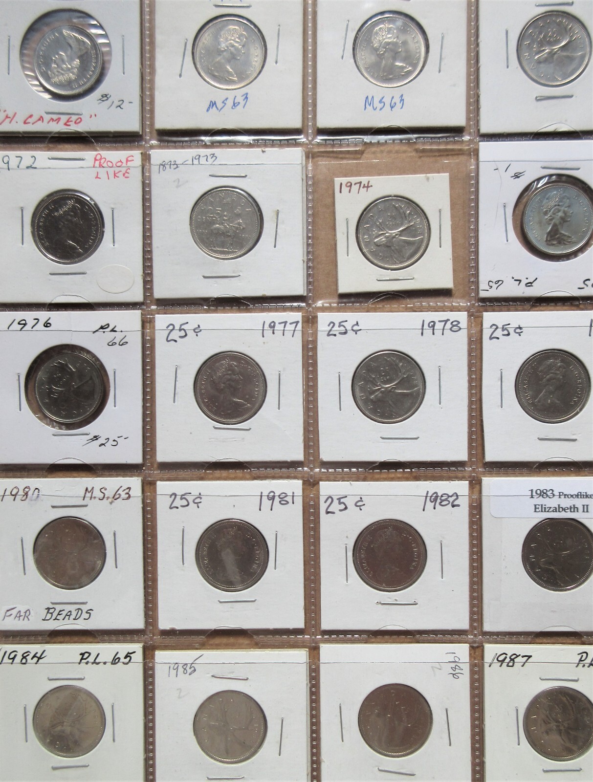 Complete Set of Canada Twenty-Five Cents Coins (1968-1987). Quarters 25 ...
