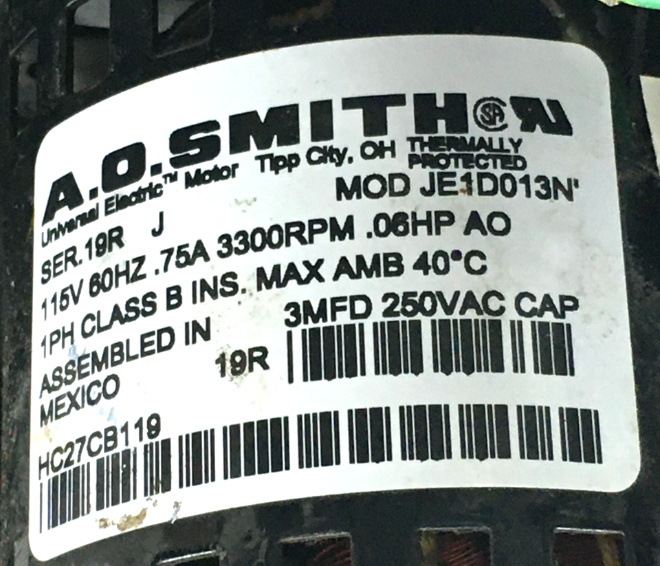 A.O. SMITH JE1D013N Carrier Bryant Draft Inducer Blower HC27CB119 used ...