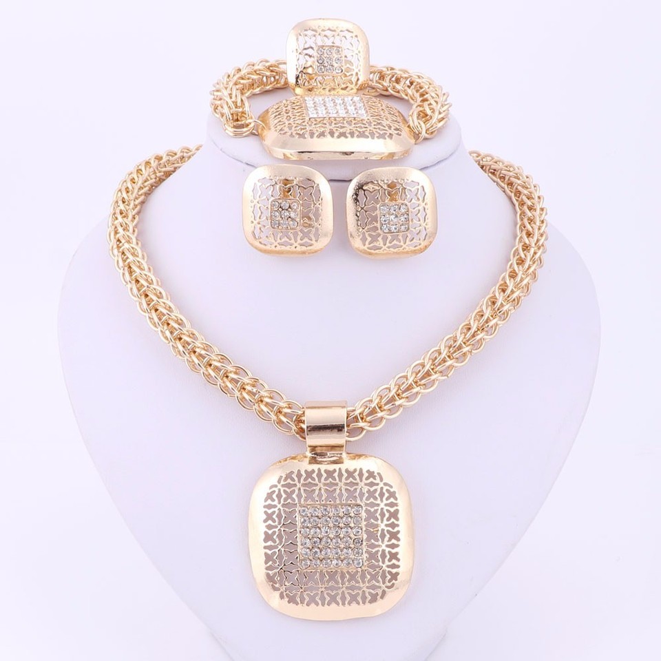 Gold Plated Crystal 4 Pieces Jewelry Set with Thick Box Shape Chain | eBay