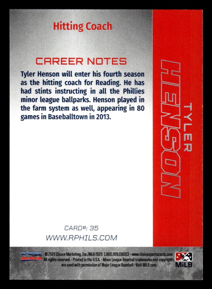 Tyler Henson 2023 Choice Reading Fightin Phils #35 Reading Fightin ...