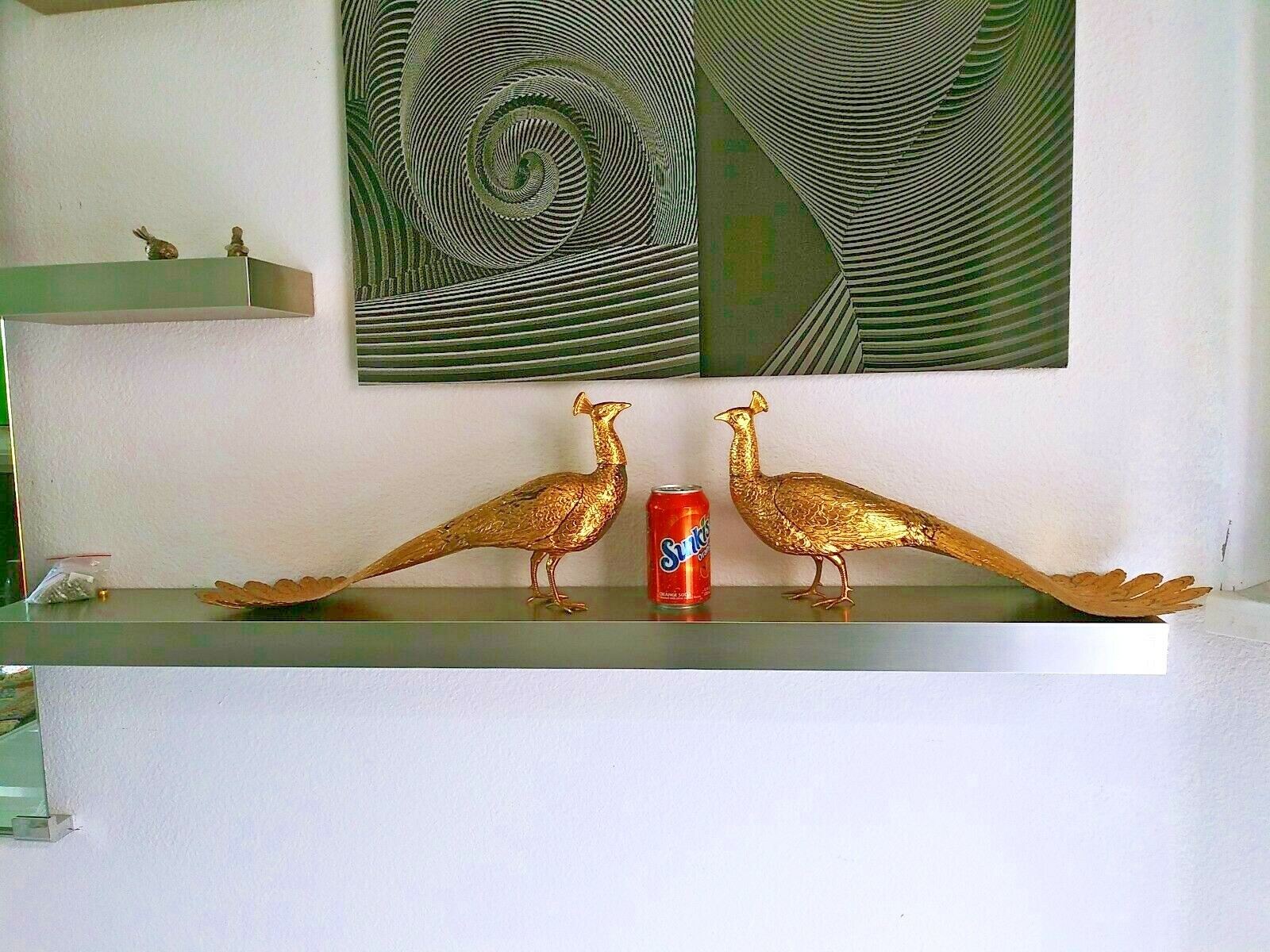 PAIR OF MASSIVE ANTIQUE GILDED ANTIQUE STERLING SILVER PEACOCK BIRDS ...