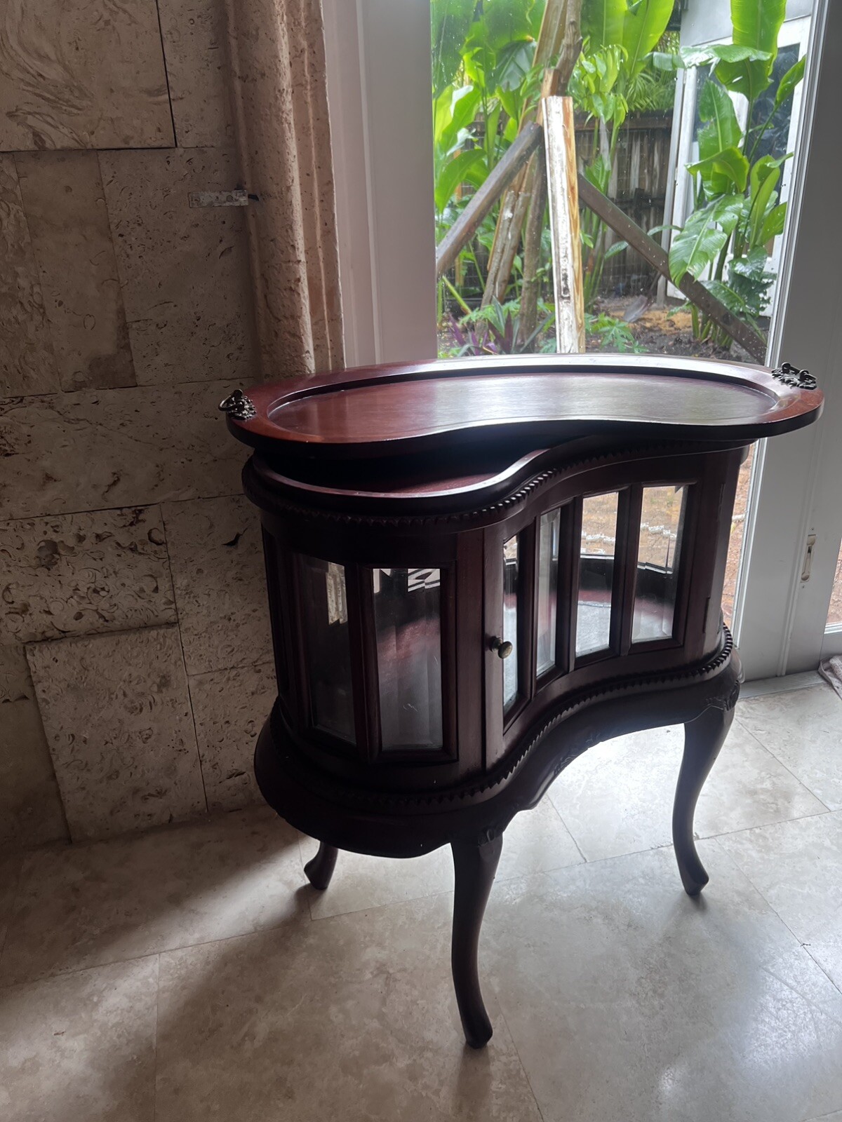 Kidney Shaped Tea / liquor Cabinet Table w/beveled glass & Wood Serving ...