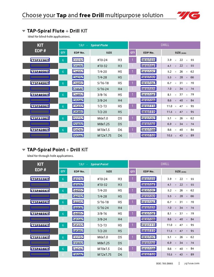 6pcs 1/2-20 H5 Spiral Point Plg Combo Taps 1 Carbide Drill 11.5mm YG1 ...