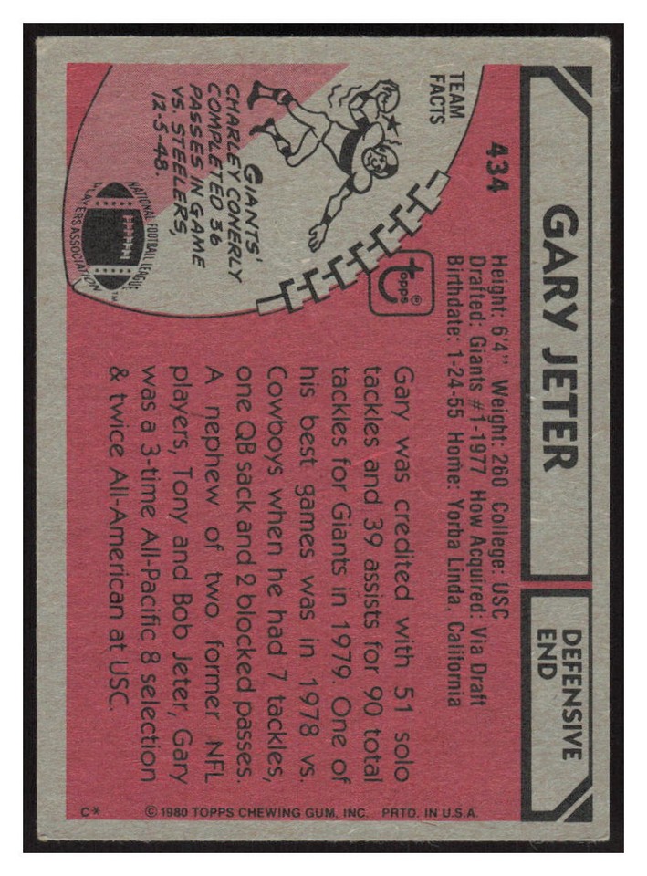 1980 Topps #434 Gary Jeter - New York Giants | eBay