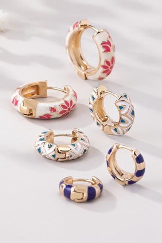 Trio Set Enamel Huggie Hoop Earrings – Gold Tone Flower, Geo & Block ...