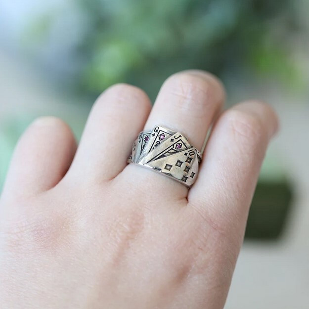 Royal Flush Poker Ring Silver Plated Simulated Ruby Diamonds Cards ...