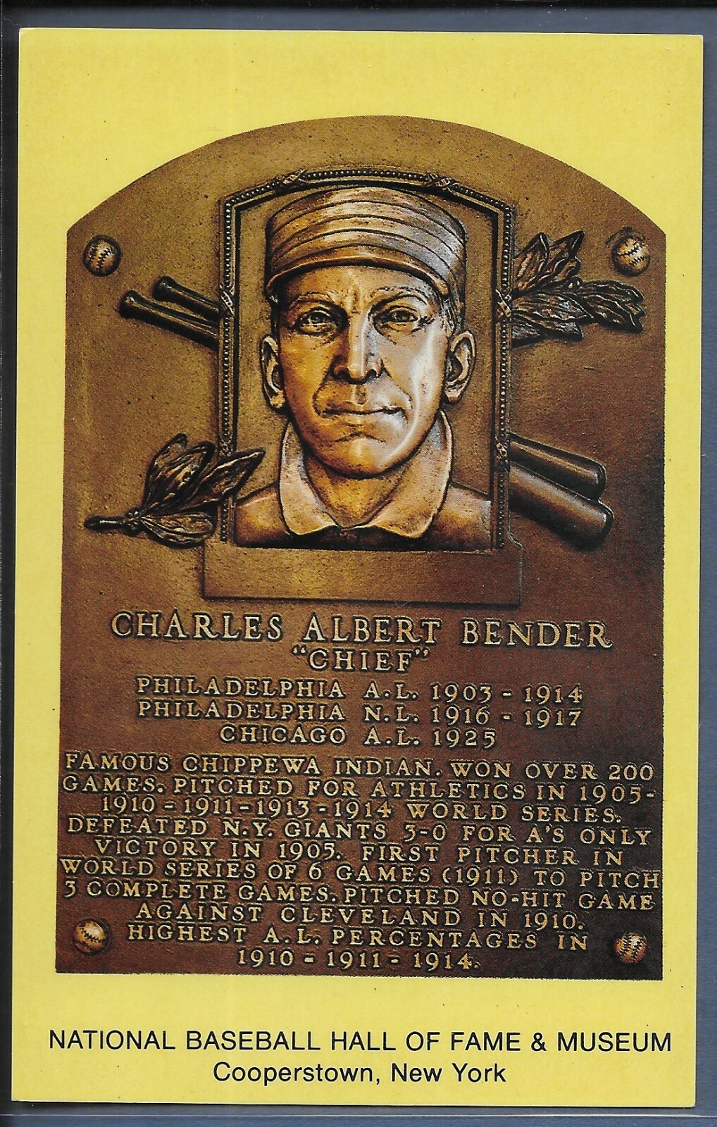 Charles Albert Bender "CHIEF" Cooperstown Hall of Fame Plaque Postcard ...